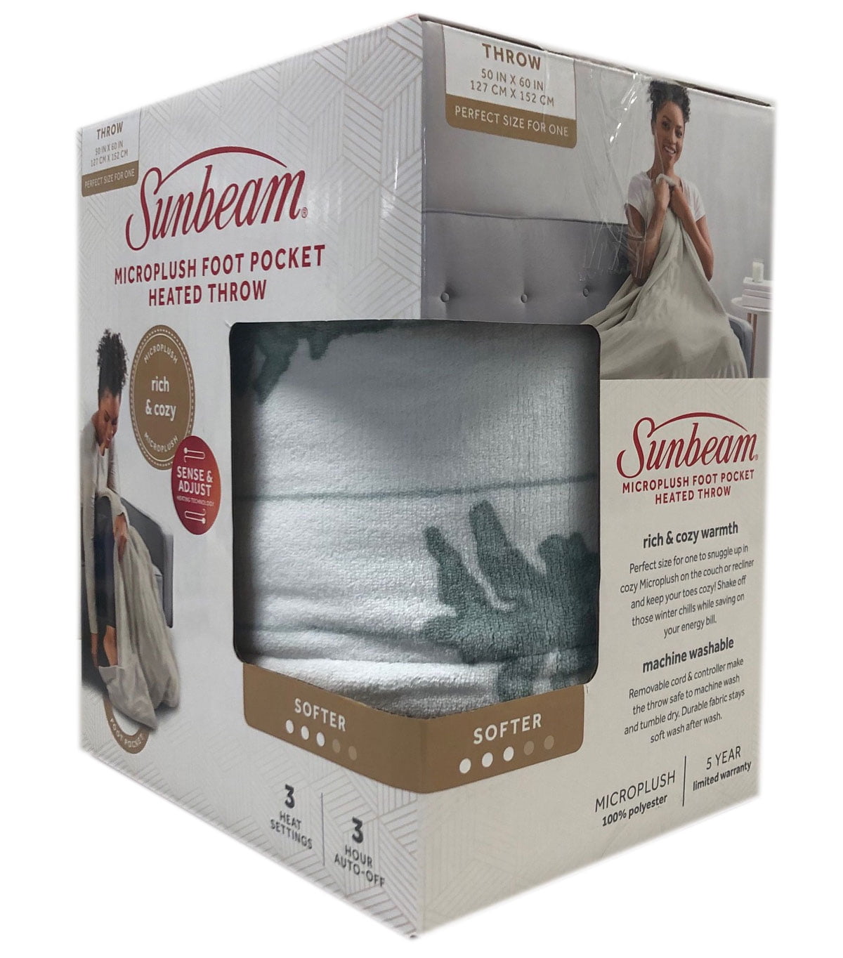 Sunbeam Microplush Comfy Toes Electric Heated Throw Blanket Foot Pocket ...