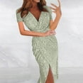 Chnzic Women Sexy Deep V Sequins Wrap Ruched Short Sleeve Formal Dress