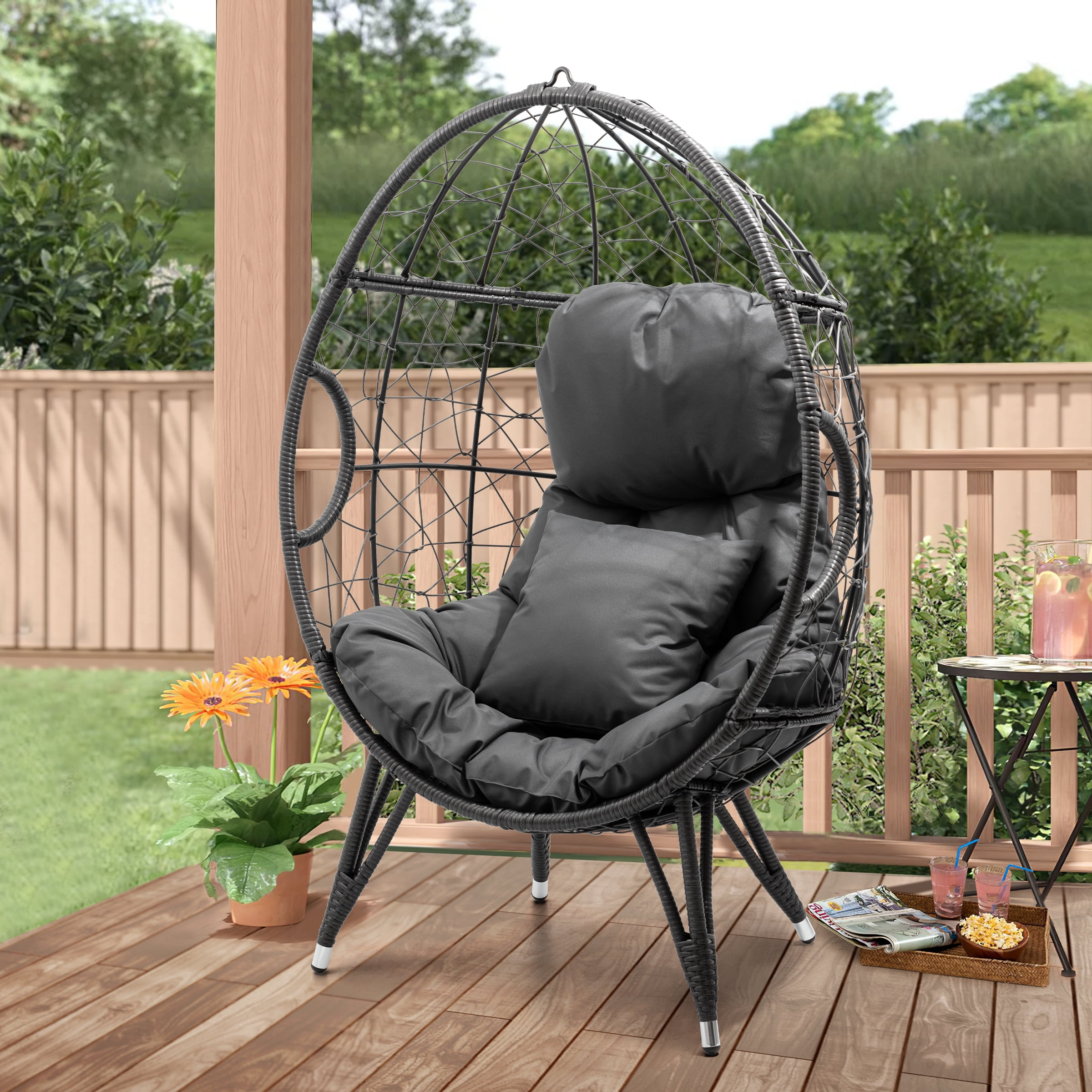 Pellebant Gray Outdoor Indoor Patio Wicker Egg Chair with Cushion and ...