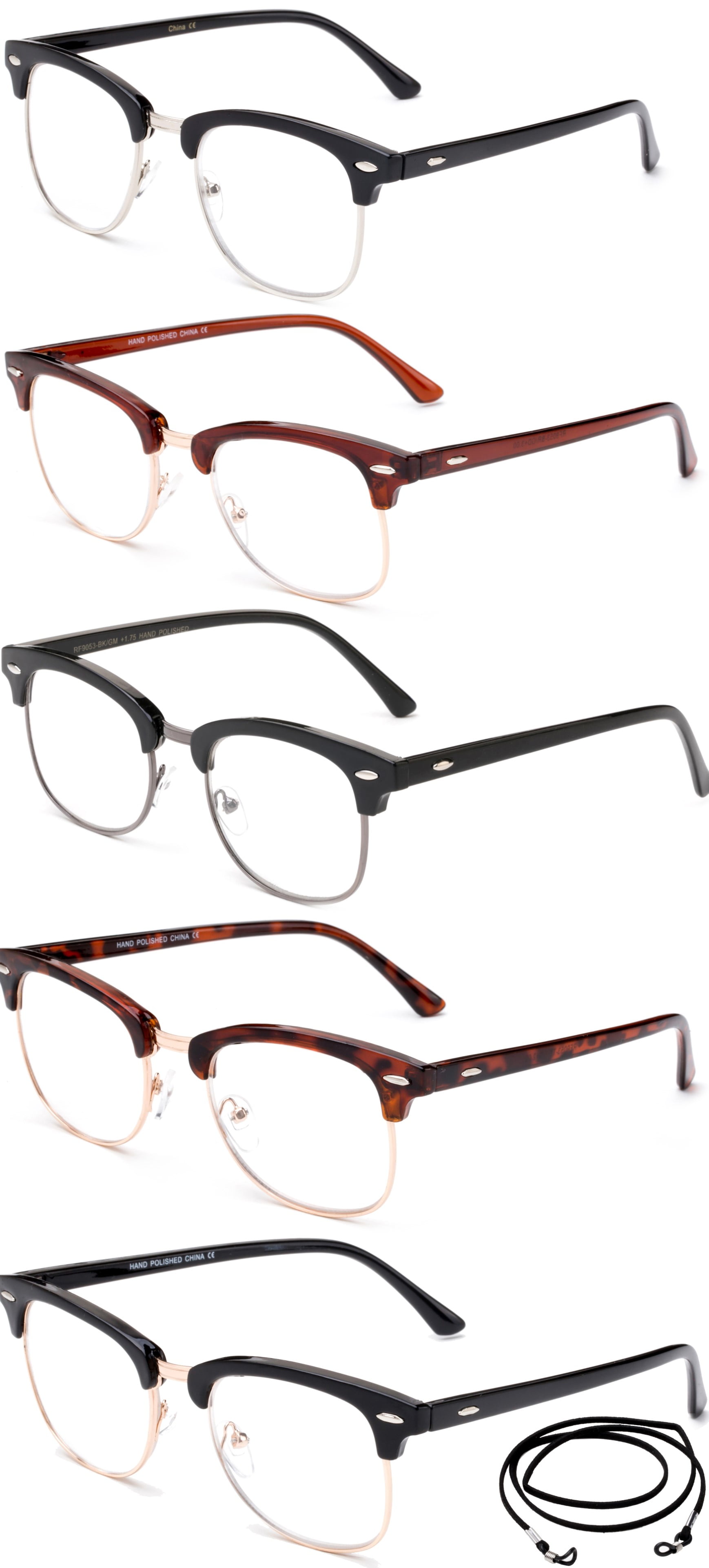 5 Pack Vintage Style Half Rim Reading Glasses Comfortable Stylish