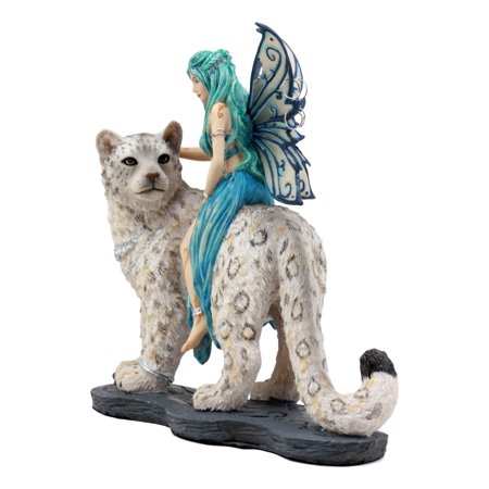 Ebros Large Blue Frost Fairy Riding Snow Leopard Statue Home Decor ...