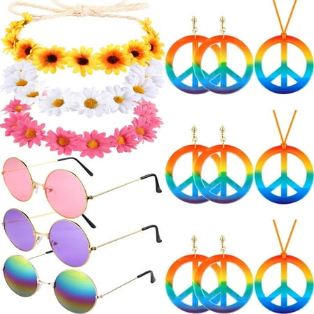 12 Pieces Hippie Costume Set, Includes 3 Pieces Flower Crown Headband, 3 Pieces Hippie ...