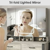 Veanerwood Vanity Set with Lighted Tri-Fold Mirror, 35.4in, Storage ...