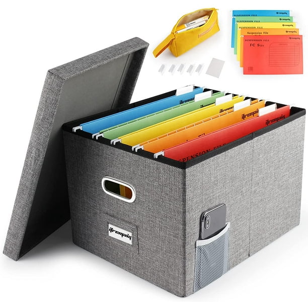 File Organizer Box Office Document Storage with Lid, Collapsible Linen ...