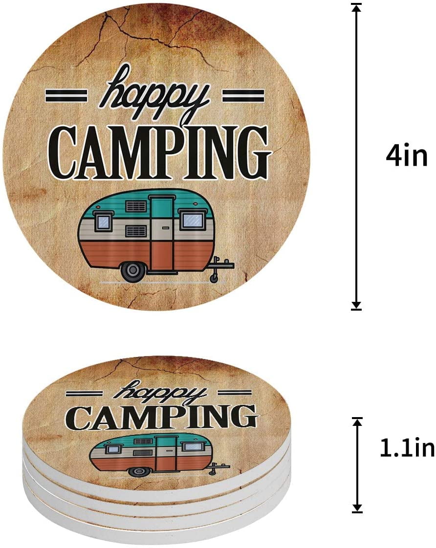 FMSHPON Happy Camper Camping Set of 4 Round Coaster for Drinks ...