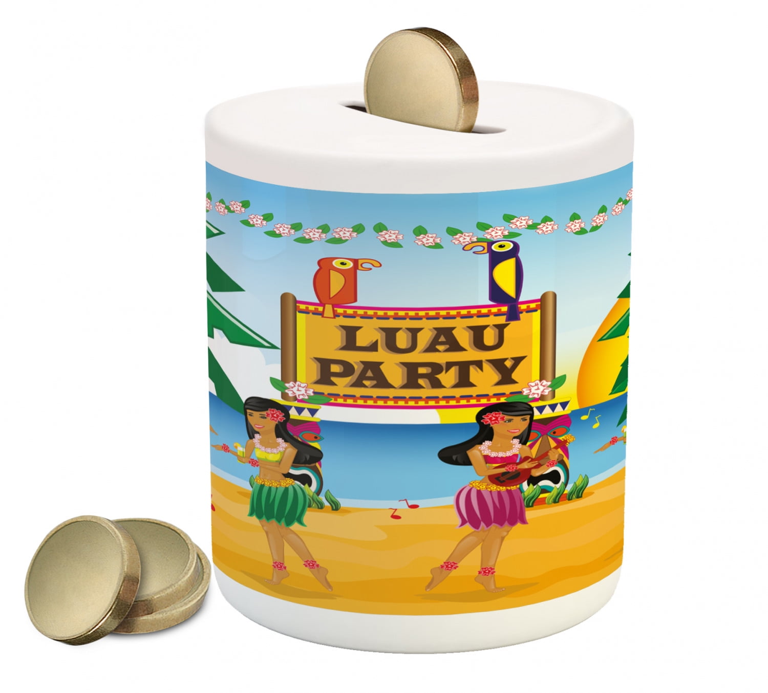 Tiki Bar Piggy Bank, Hawaiian Luau Party in Funny Cartoon Style Dancers ...