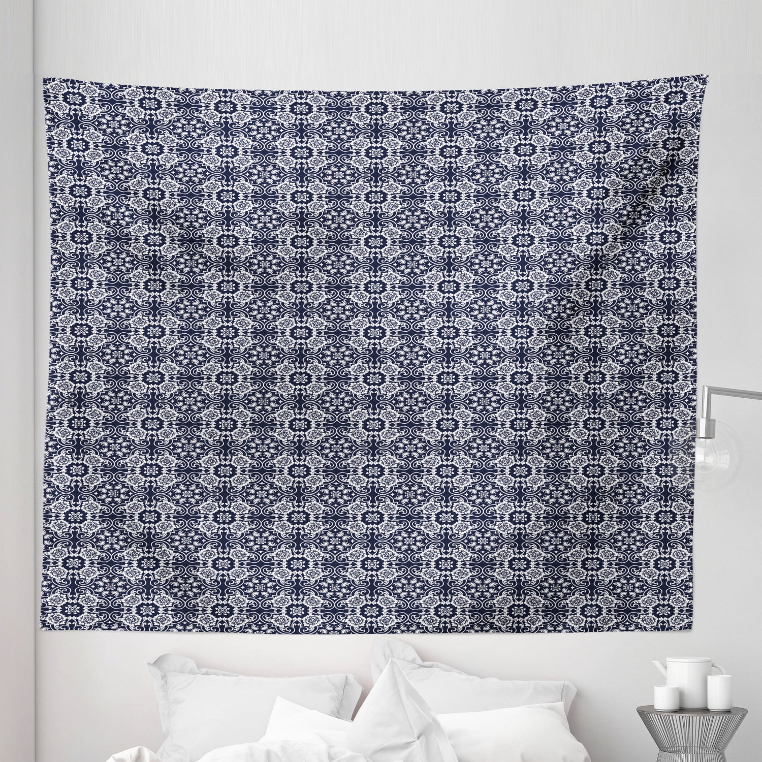 Navy Blue Tapestry, Japanese Inspired Curves Lace Arrangement Antique ...