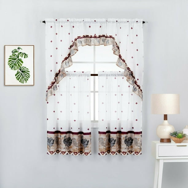 3 Piece Brown Rooster Printed Kitchen Window Curtain Panel Tiers and ...