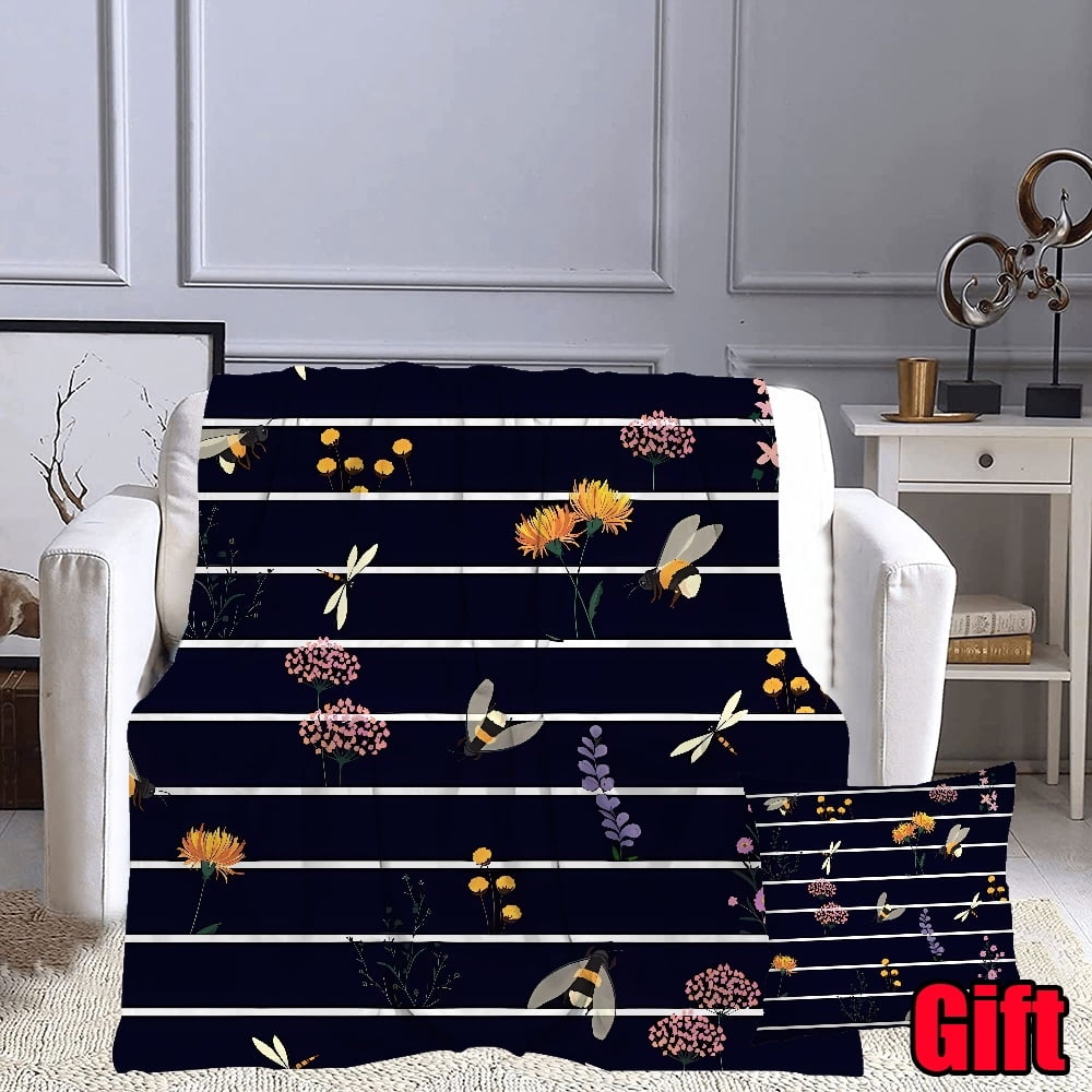 Retro Floral Striped Throws Blanket With Pillow Cover For Couch Sofa ...