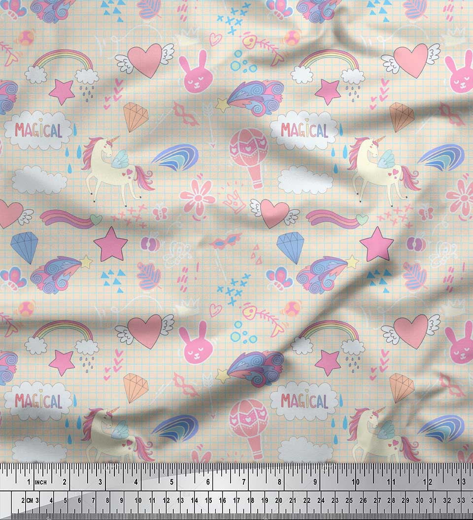 Soimoi White Silk Fabric Heart & Unicorn Kids Print Fabric by the Yard ...