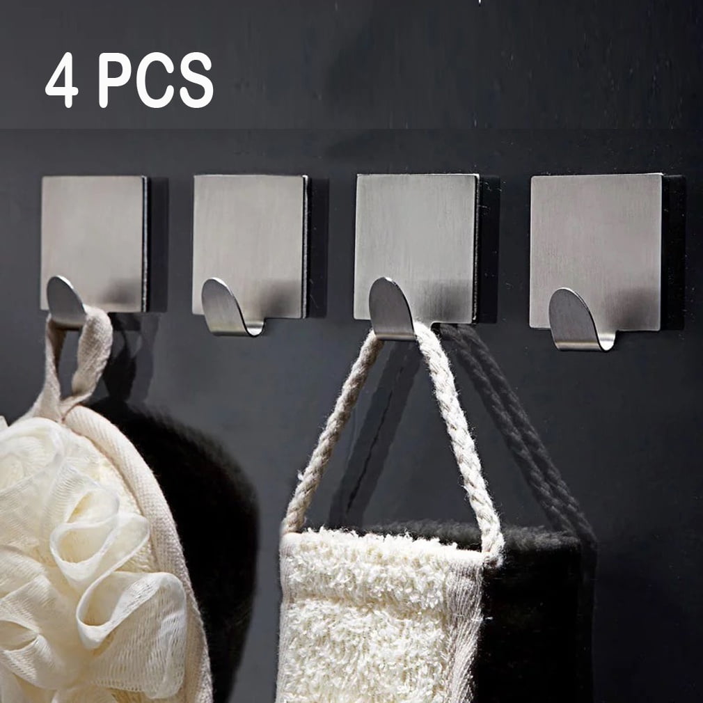 4Pcs Stainless Steel 3M Self Adhesive Sticky Hooks Wall Storage Hanger ...