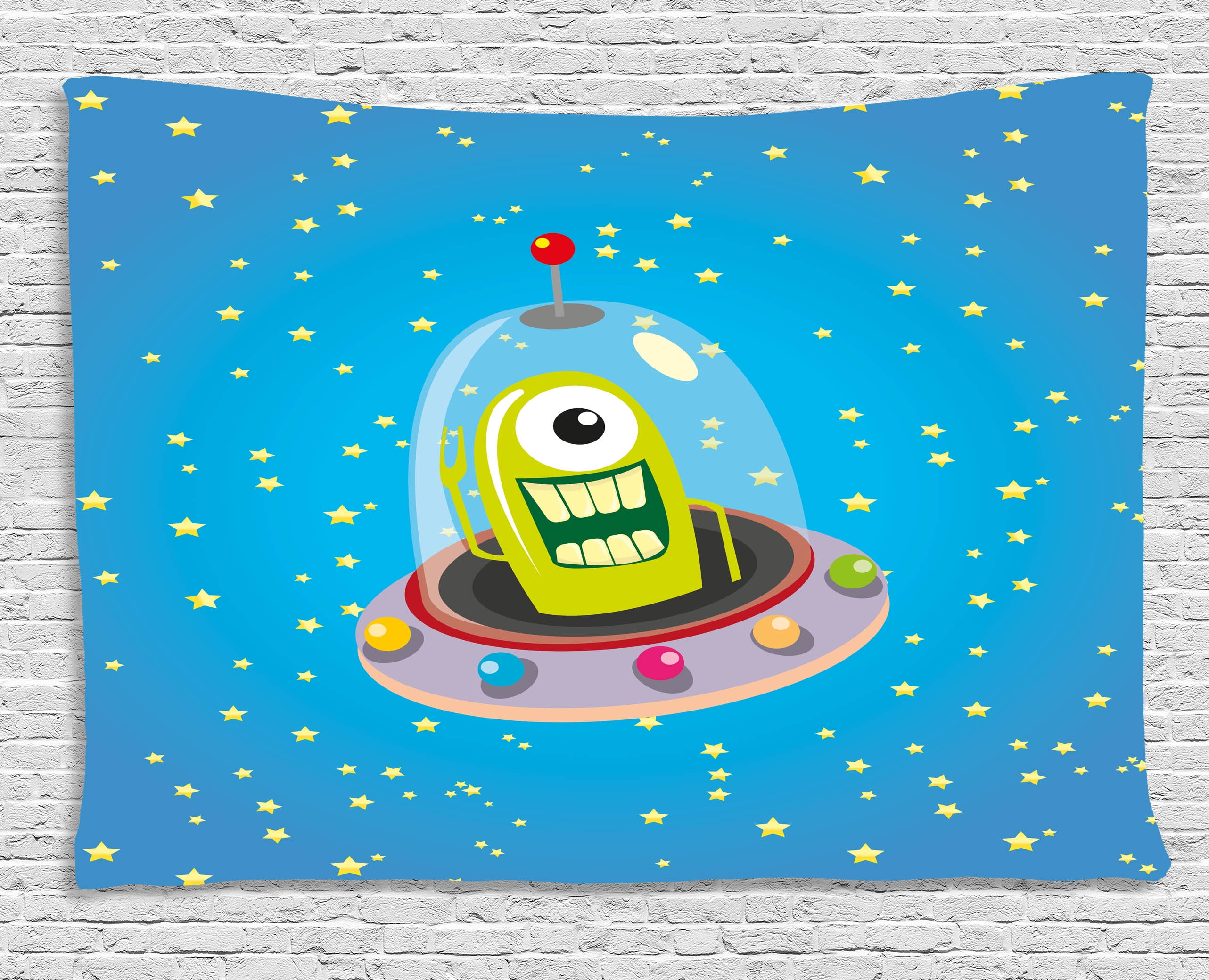 Kids Tapestry, Cute Comic Ufo Alien in Outer Space with Stars Galaxy ...
