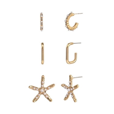 Time and Tru Adult Female Silver-Tone Metal Shell and Textured Hoops Multi Earring Stacker Set ...