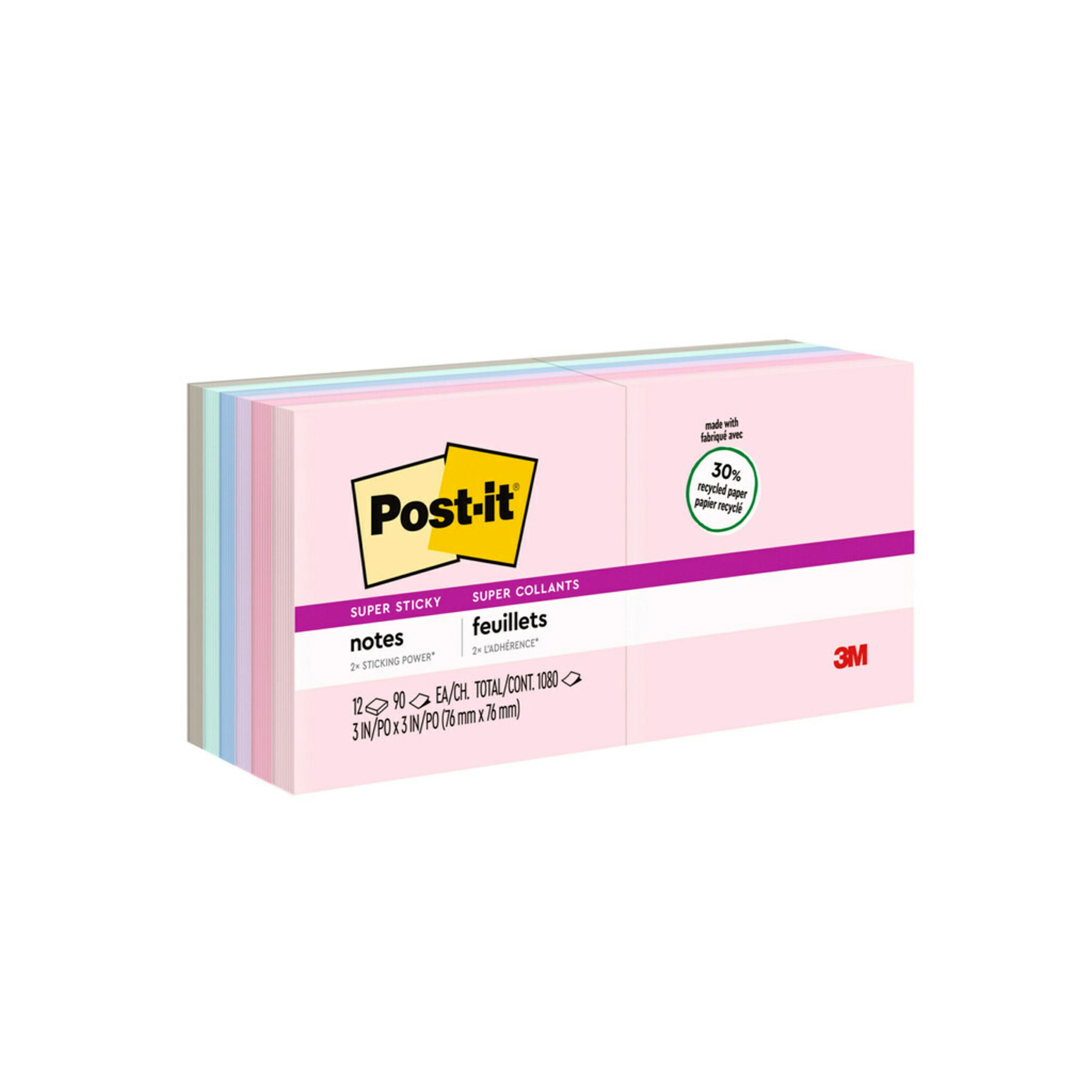 Post-it Recycled Super Sticky Notes, 3 in x 3 in, Wanderlust Pastels ...