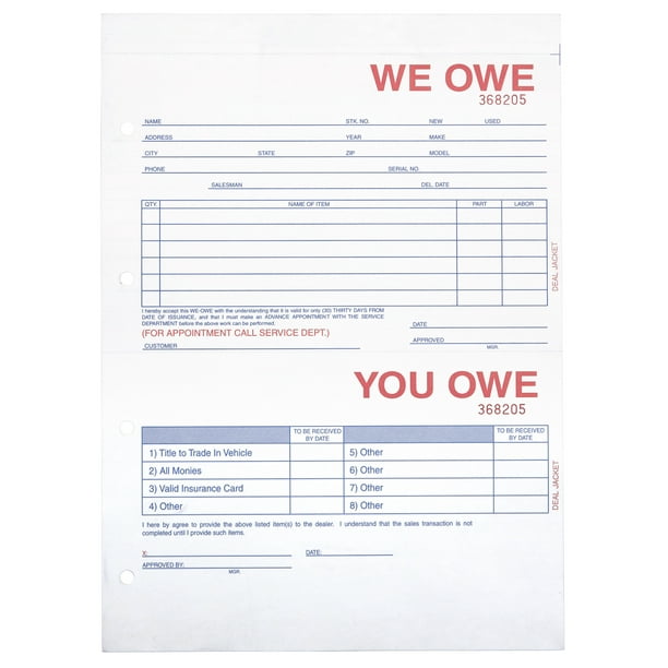 3-Part We Owe You Owe Form - 8 1/2"W x 11"H - Pack of 100 - Walmart.com ...
