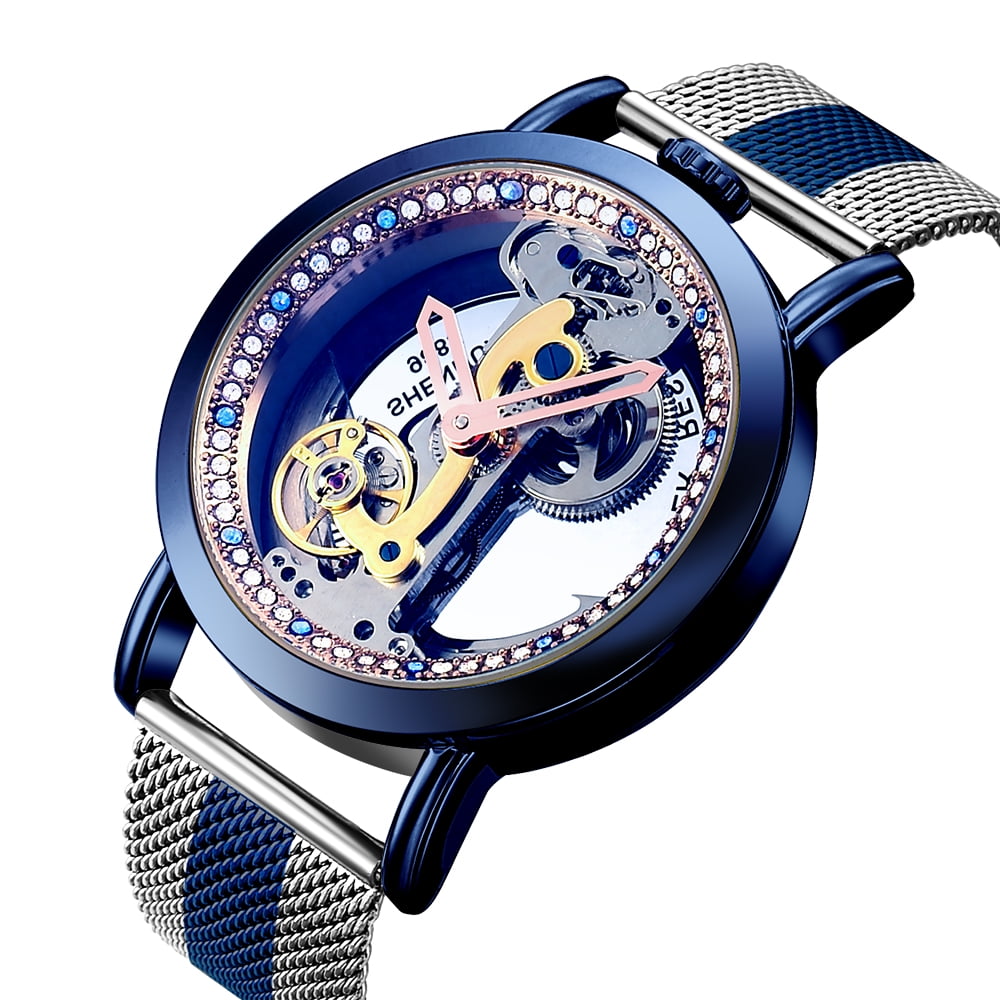 Women's Transparent Dial Watch Automatic Silver Blue Steel Mesh ...