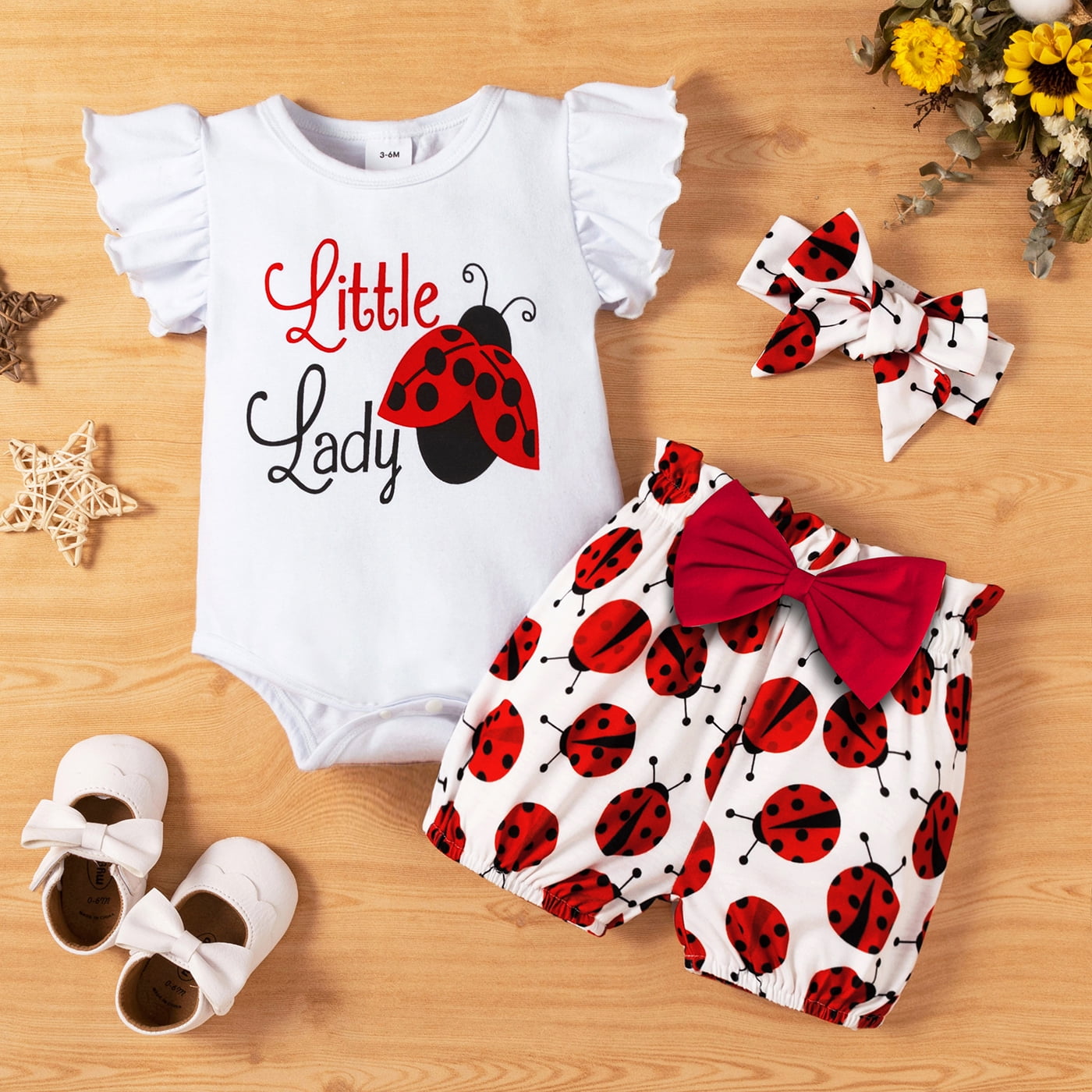 PatPat 3pcs Baby Girl Ladybug Long Sleeve Romper and Bowknot Trousers ...