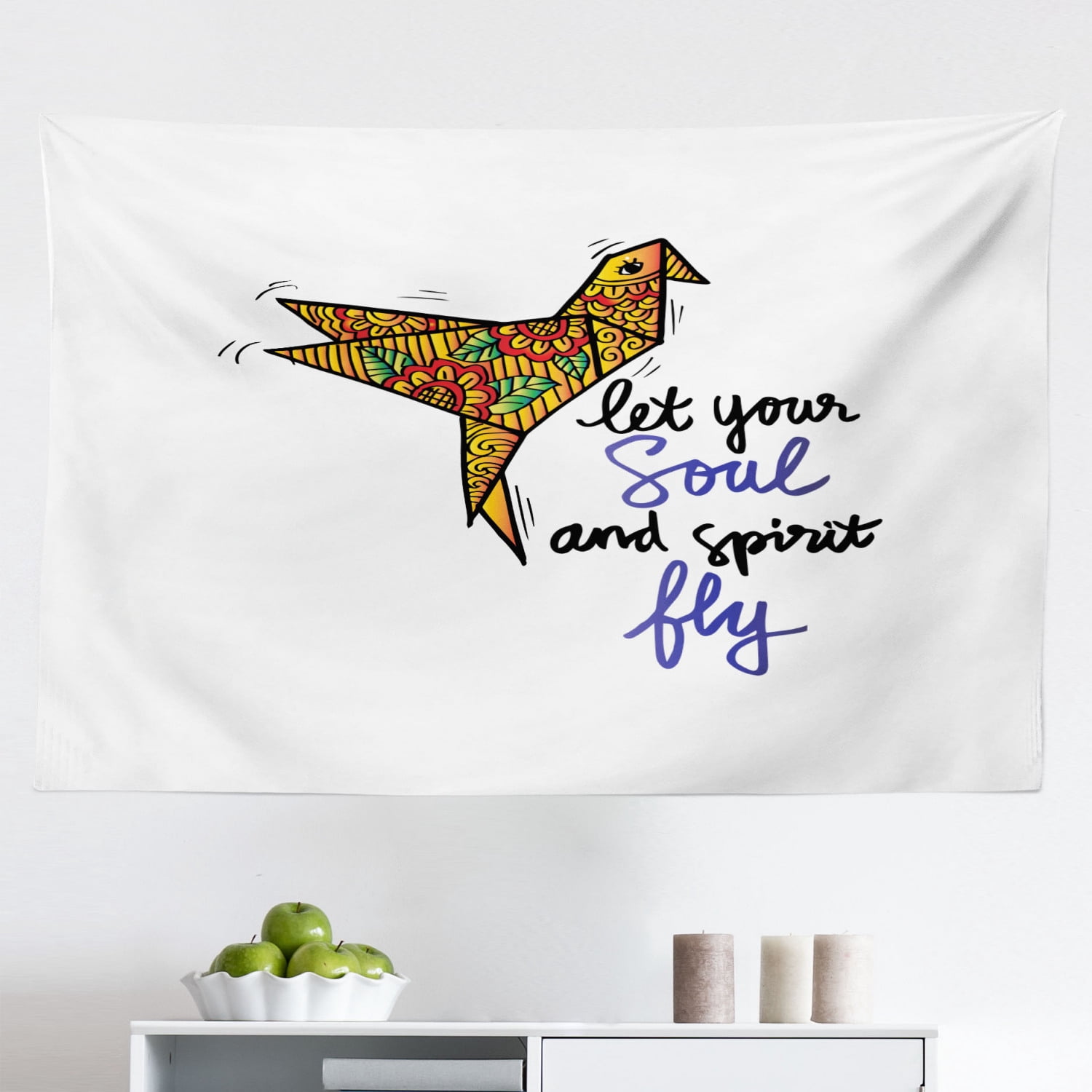 Saying Tapestry, Positive Words in Lines and Hearts Circle, Fabric Wall ...
