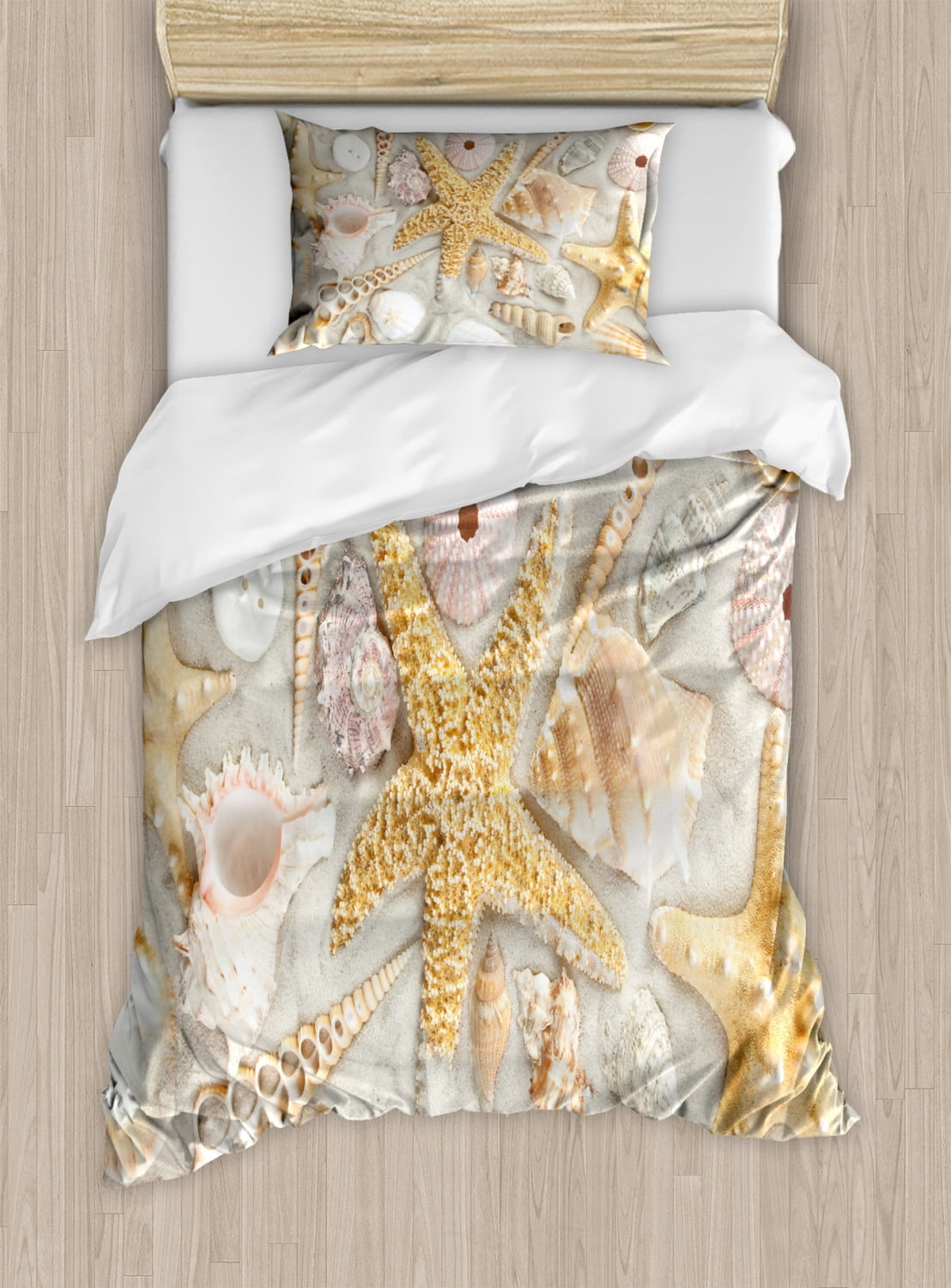 Shell Duvet Cover Set Twin Size, Assorted Seashells in Sandy Beach ...
