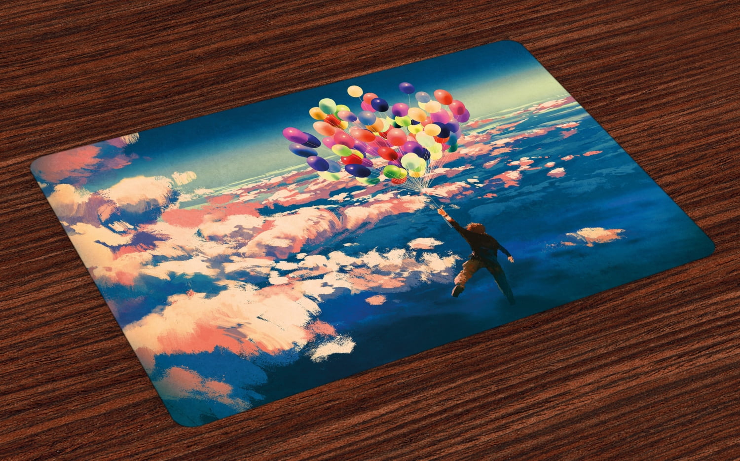 Adventure Placemats Set of 4 Man Flying with Colorful Balloons in the ...