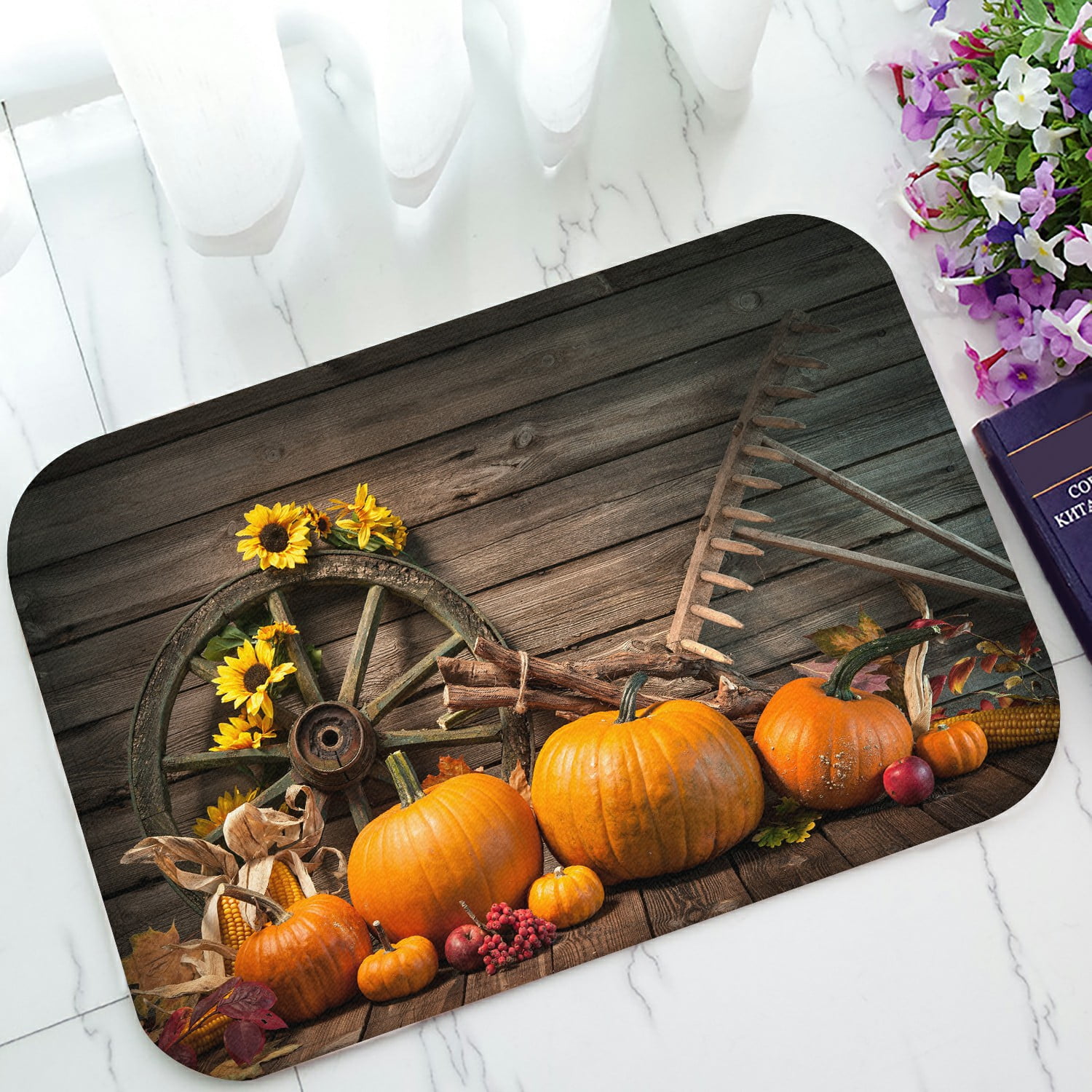 ABPHQTO Thanksgiving Autumnal Pumpkins Old Wooden Wheel Doormat ...