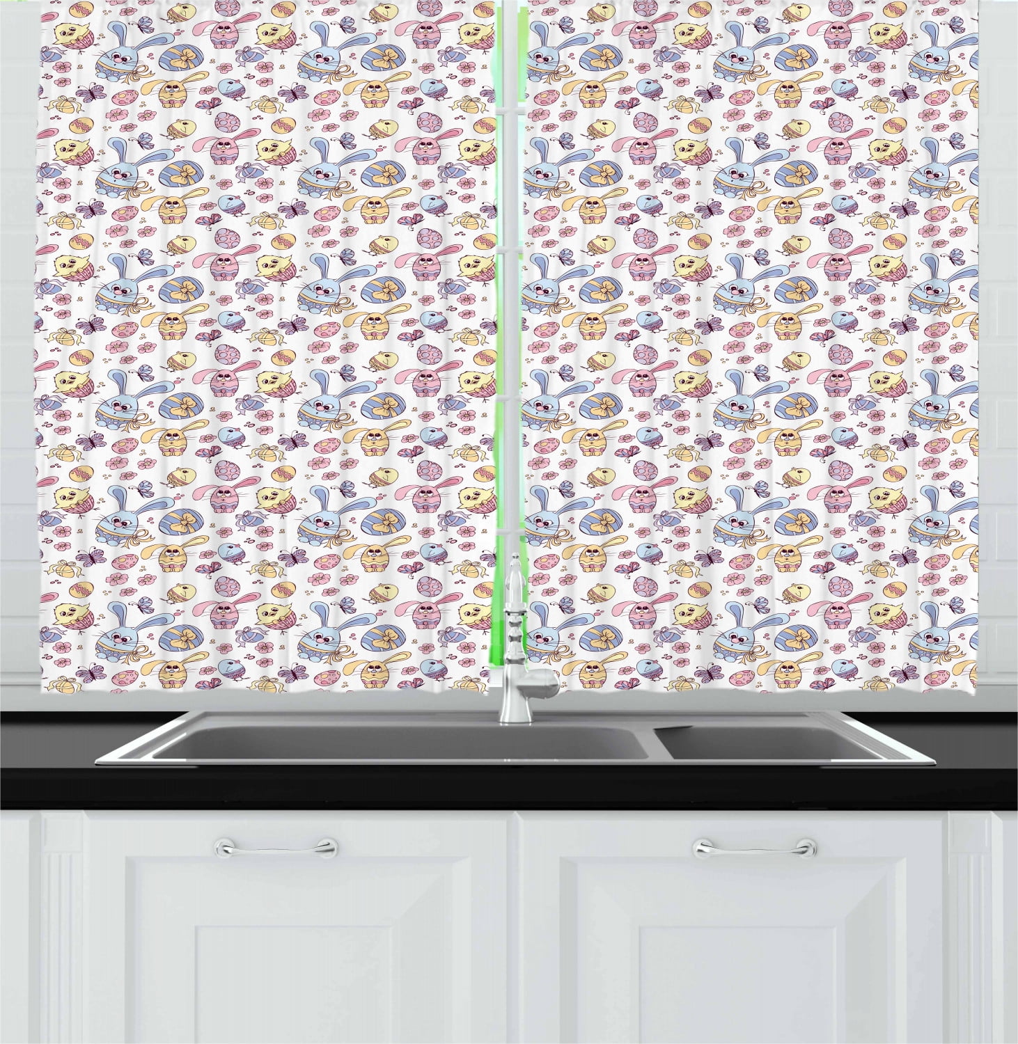 Easter Curtains 2 Panels Set, Cheerful Kids Pattern with Funny Bunny ...