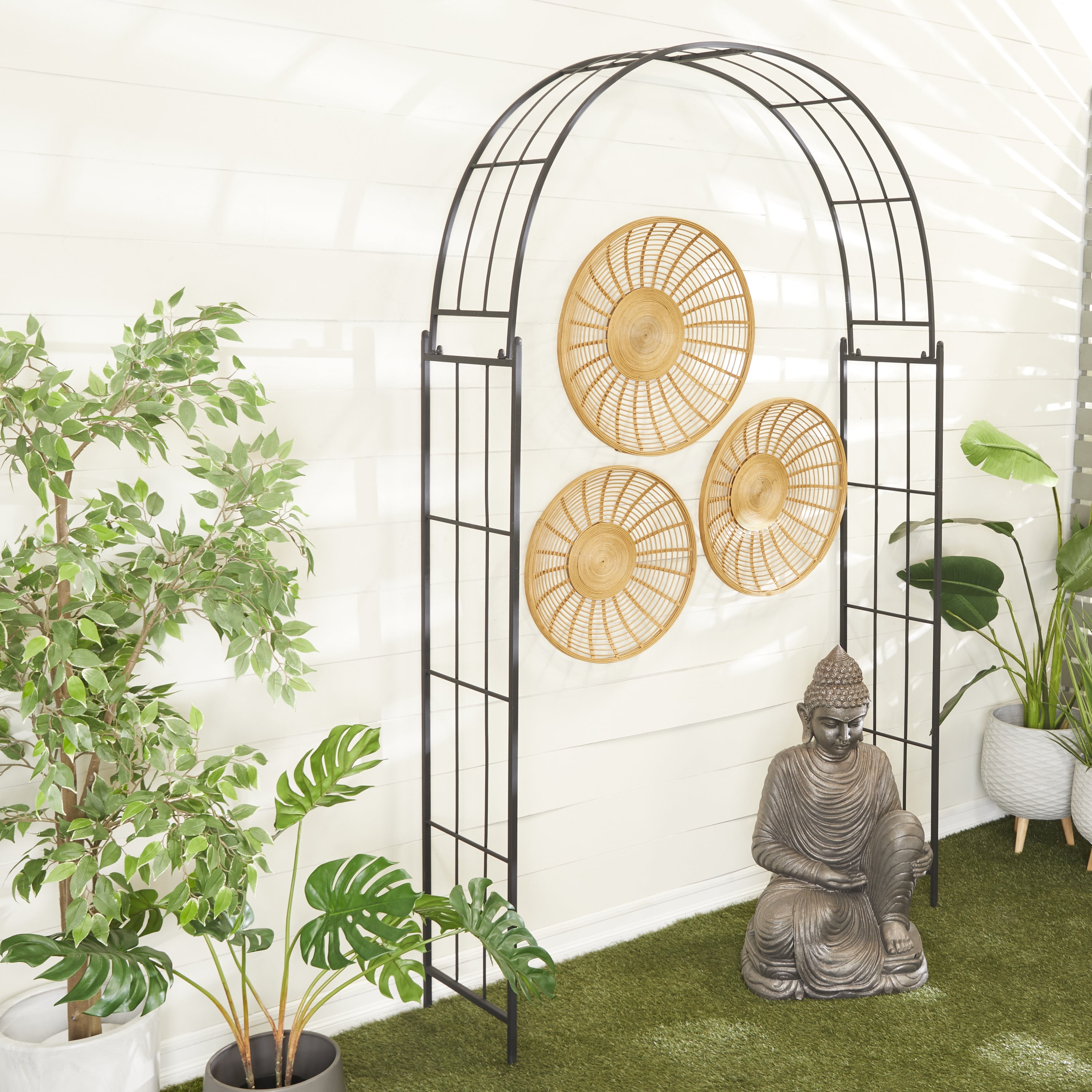 DecMode 91" Indoor Outdoor Arched Black Metal Garden Arbor with Lattice ...