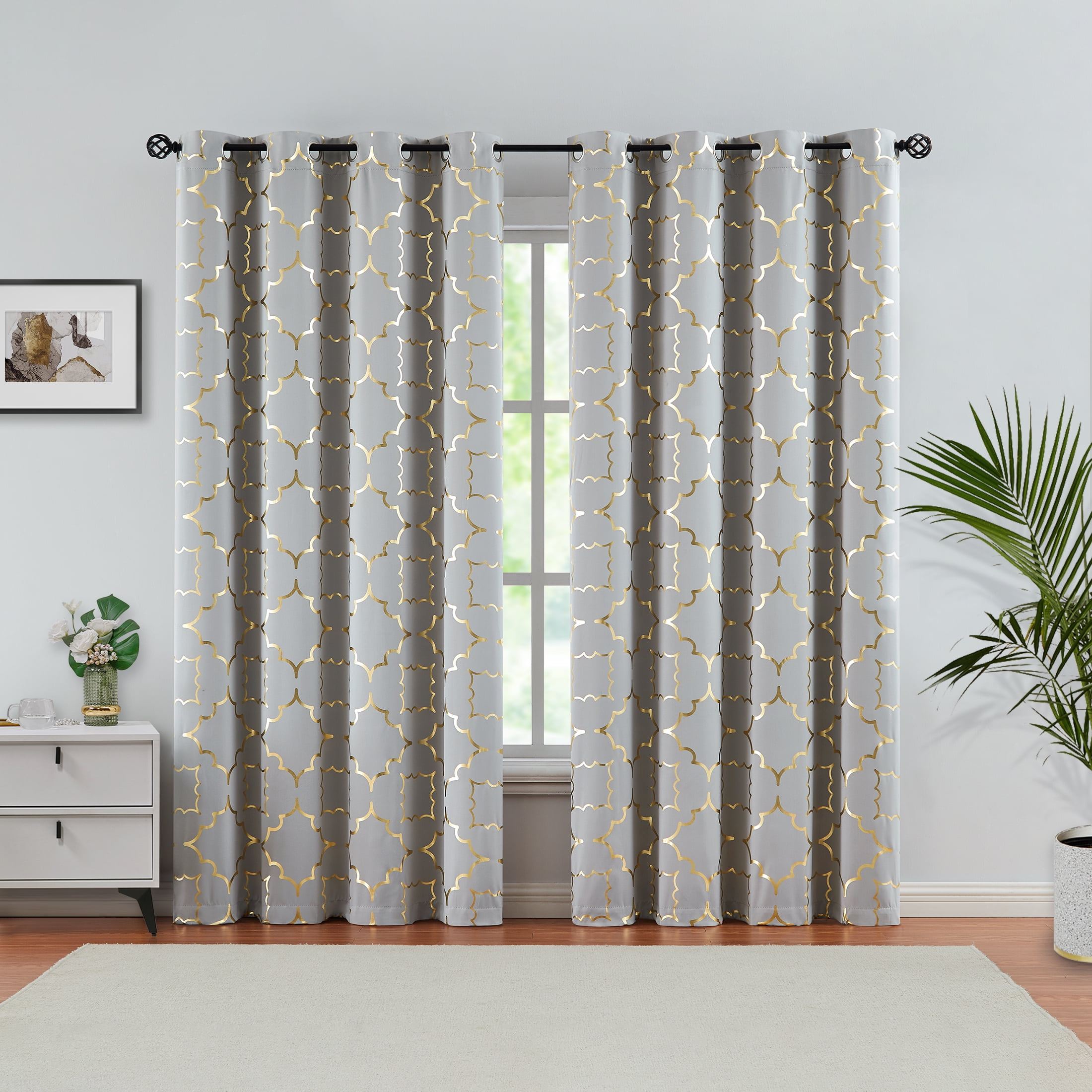 Junvictex Blackout Gold-Grey Grommet Curtain for Bedroom 52"Wx84"L Foil ...