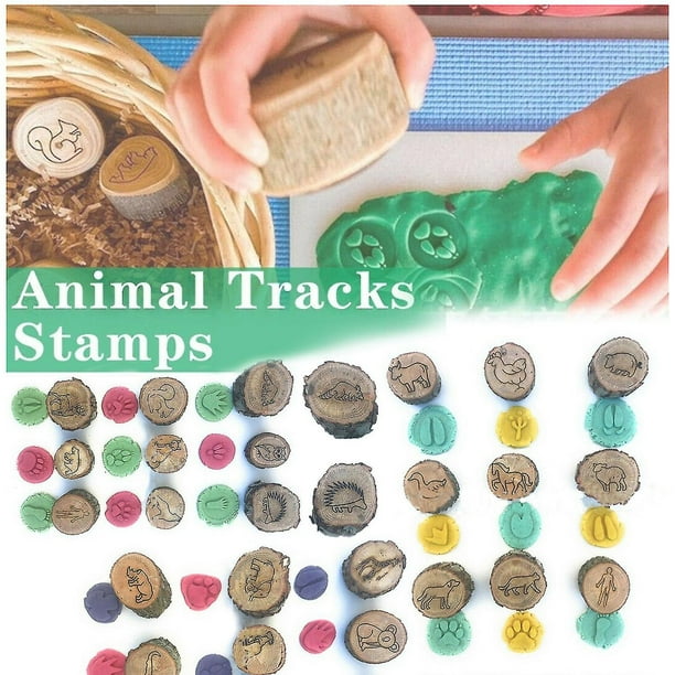 9pcs Wooden Animal Footprint Stamp Animal Tracks Playdough Stampers ...