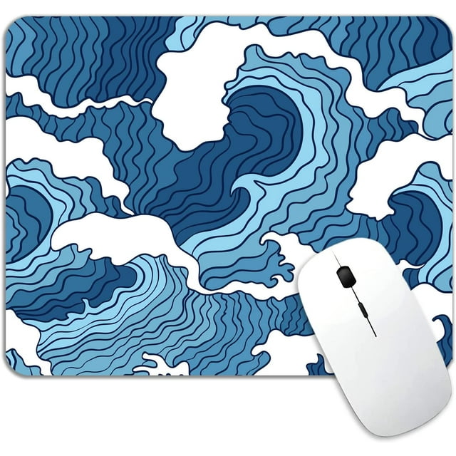 Rectangle Mouse Pad, Japanese Abstract Blue White Waves Mouse Pad, Non ...