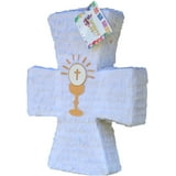 20" Tall White Cross Piñata with Gold Chalice Accents for Baptism or ...