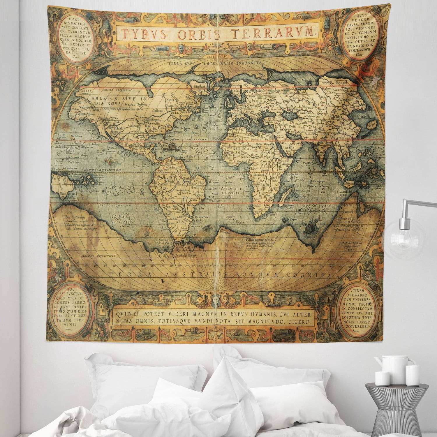 World Map Tapestry, Old Chart Vintage Composition of 16th Century Atlas ...