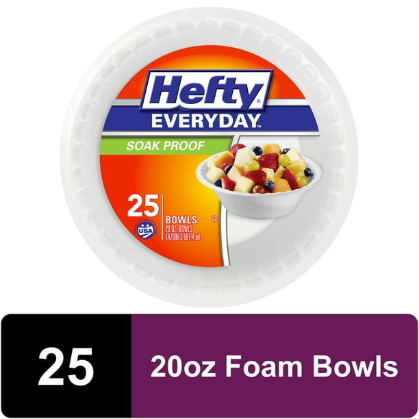 Hefty Everyday Soak-Proof Foam Bowls, White, 20 Ounce, 25 Count ...