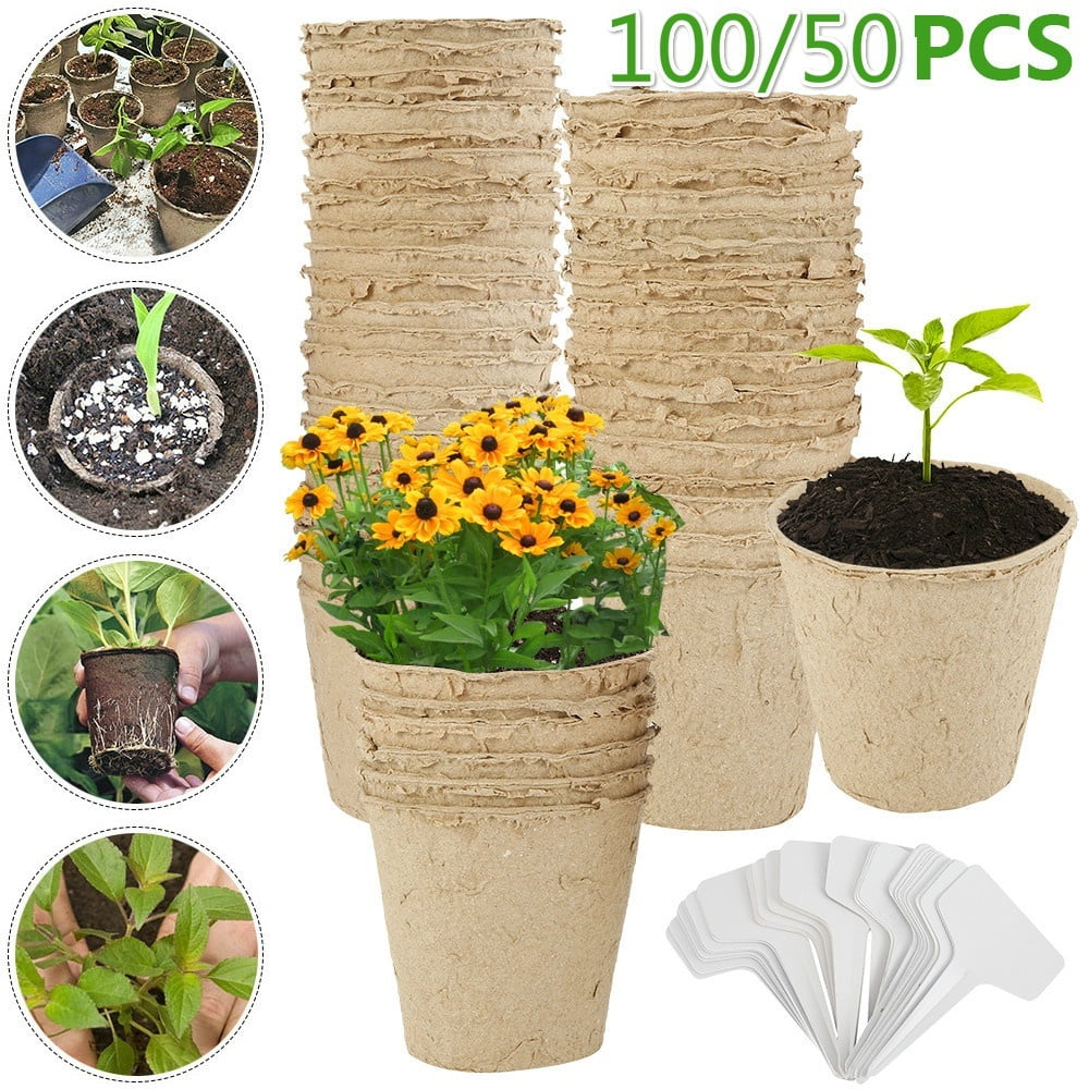KINGLAKE 100/50 Pcs Biodegradable Fibre Seed Pots for Seedling with 100 ...