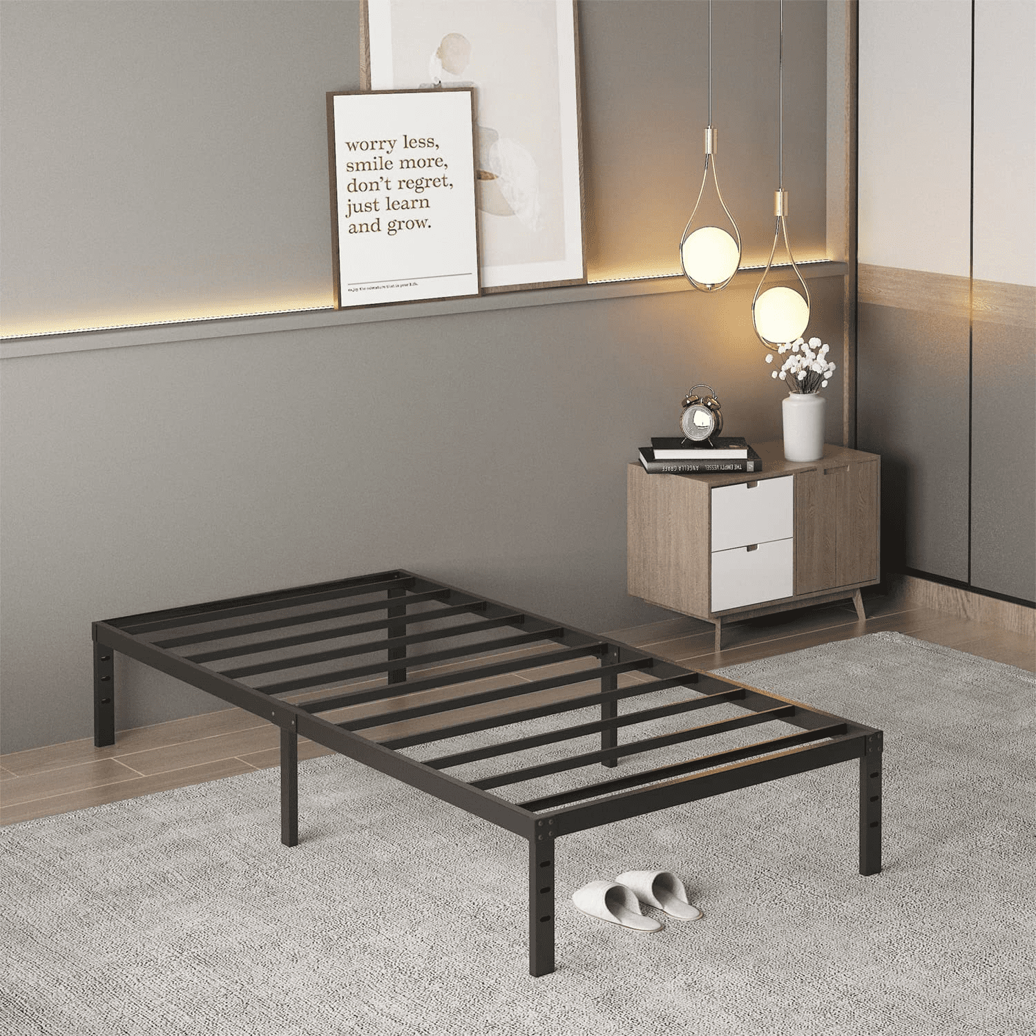 QFTIME 14" Twin-XL Metal Bed Frame with Steel Slats, Heavy Duty ...