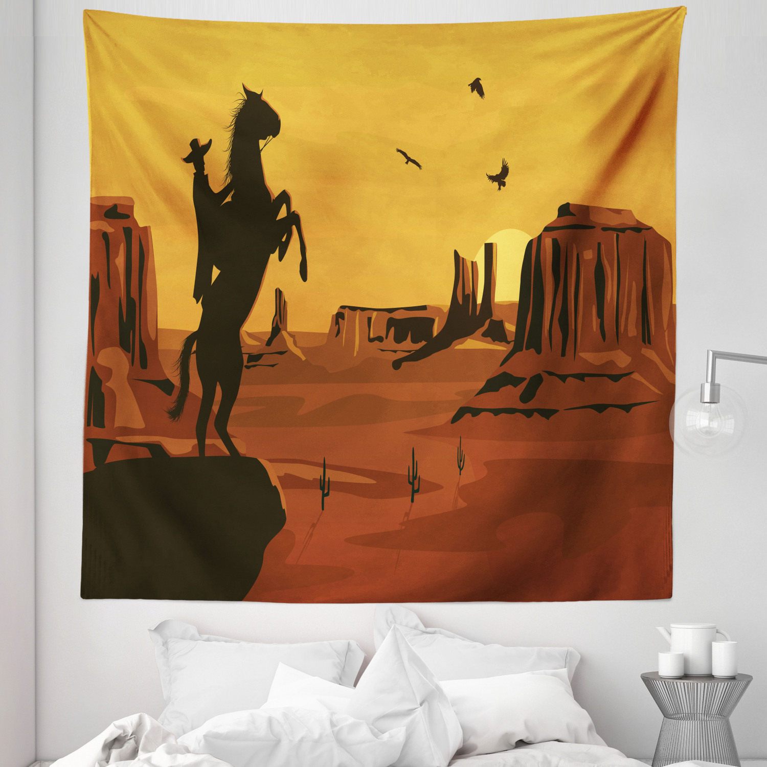 Western Tapestry, Cartoon Illustration of Wild West Scene Cowboy in ...