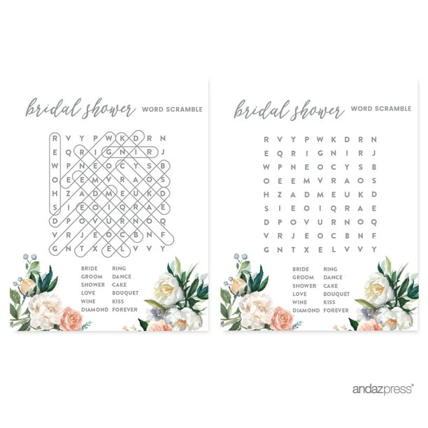 Peach Coral Floral Garden Party, Word Search Bridal Shower Game Cards ...