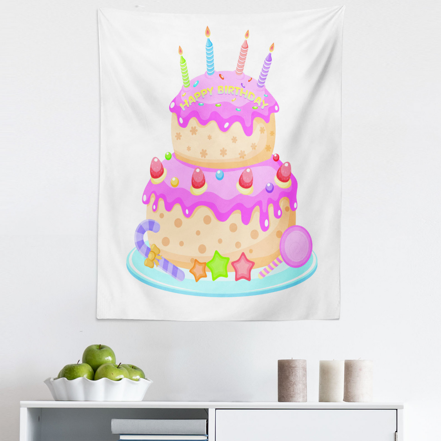 Birthday Party Tapestry, Pastel Colored Birthday Party Cake with ...