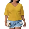 Casual Solid V Neck Tee Elbow Length Yellow Plus Size T Shirts Womens