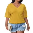 Casual Solid V Neck Tee Elbow Length Yellow Plus Size T Shirts Womens