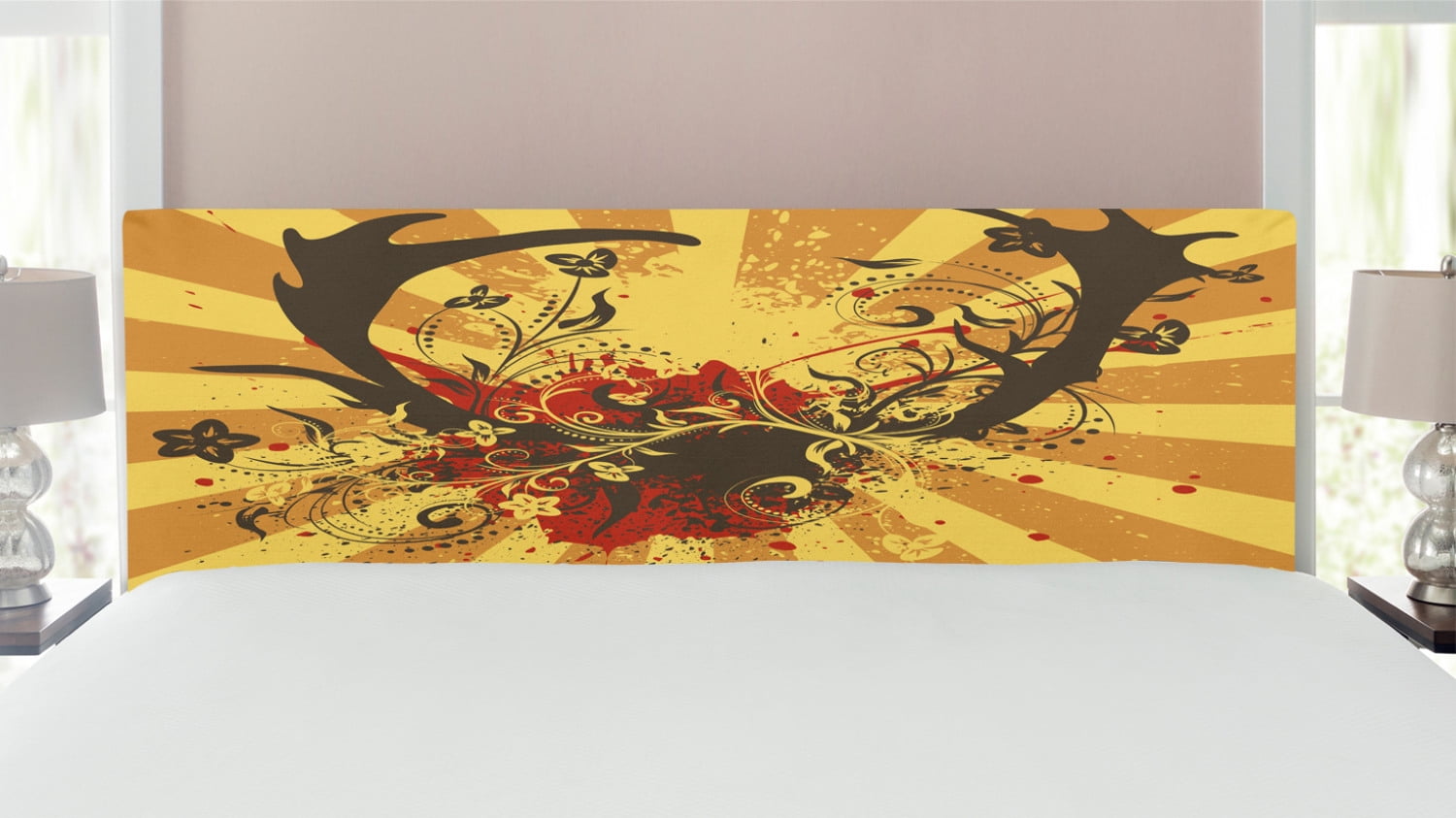 Antlers Headboard, Grunge Big Antlers of Stag Floral Design Abstract ...