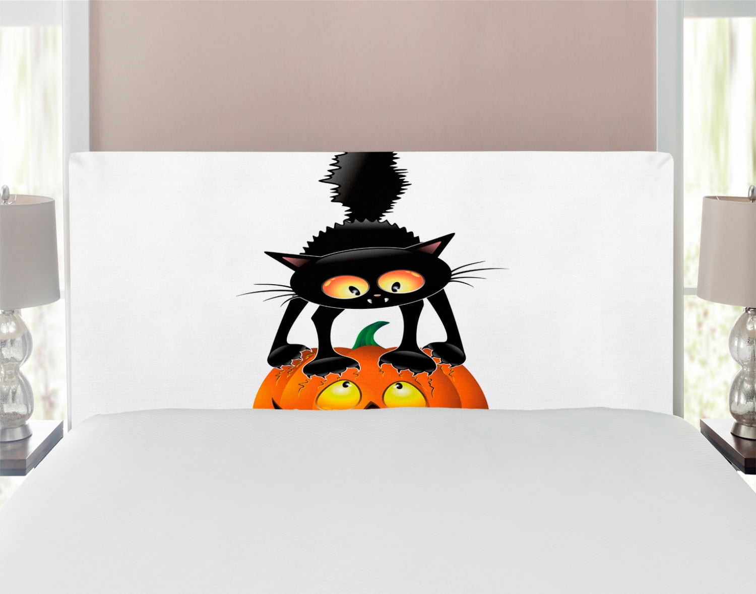 Halloween Headboard, Black Cat on Pumpkin Drawing Spooky Cartoon ...