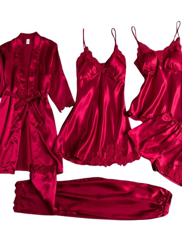 Marinavida Womens Silk Satin Pajama Set 5pcs Suit Loungewear Sexy Lace