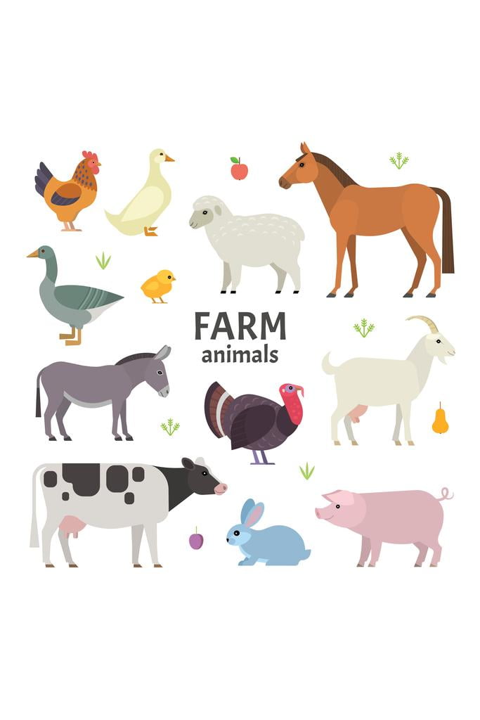 Farm Animals Horse Cow Pig Sheep Drawing Kids Room Poster Animal ...