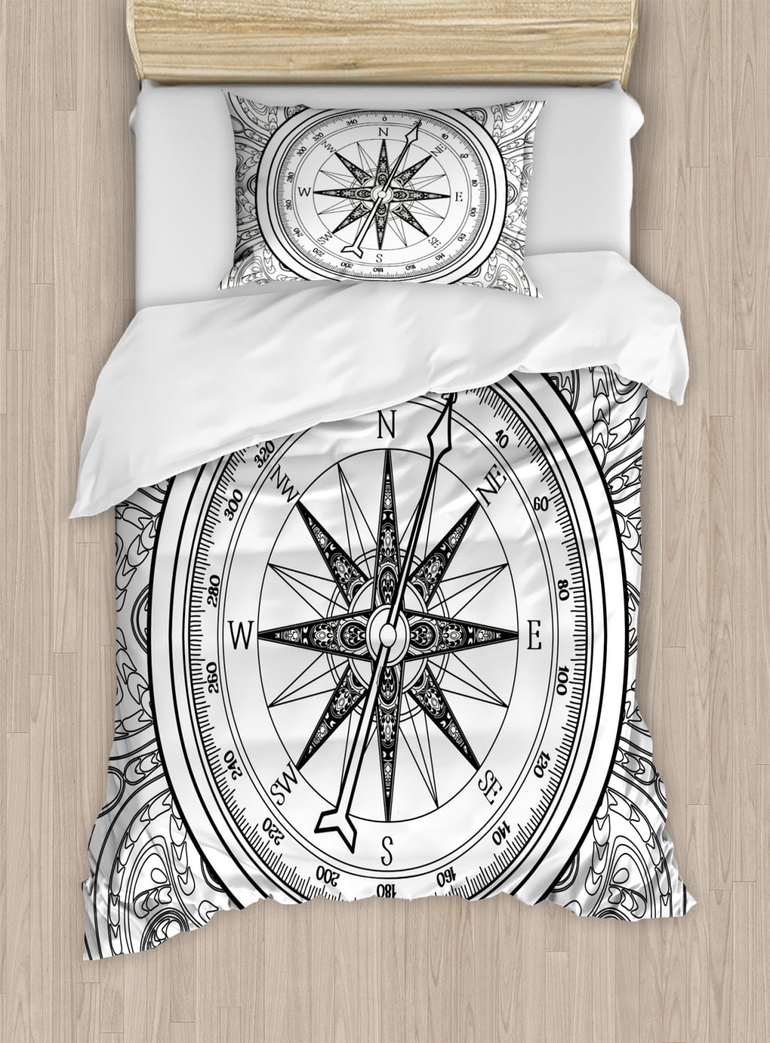 Compass Duvet Cover Set Twin Size, Hand Drawn Windrose in Line Art ...