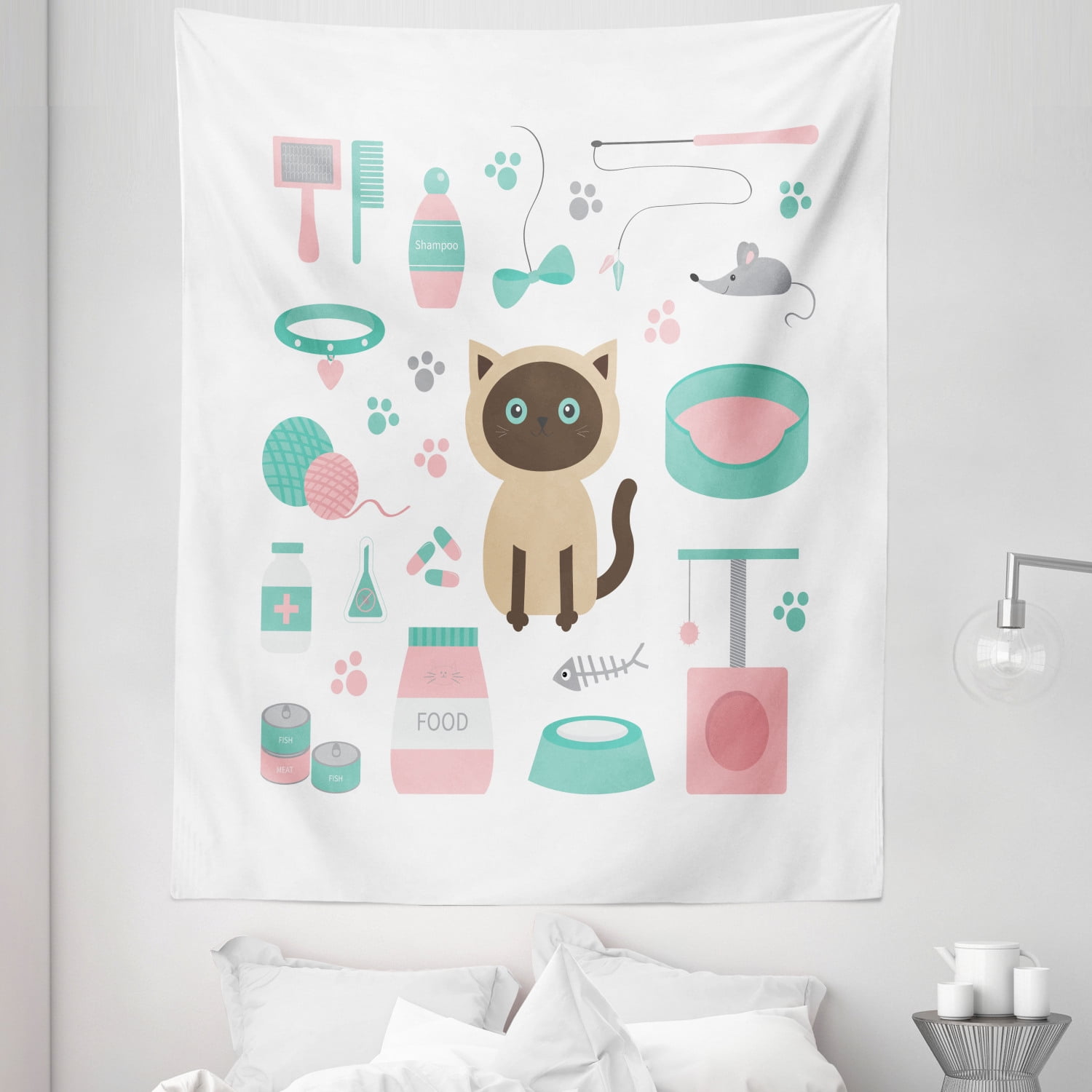 Kitten Tapestry, Cartoon Style Surprised Looking Siamese Among Pastel ...