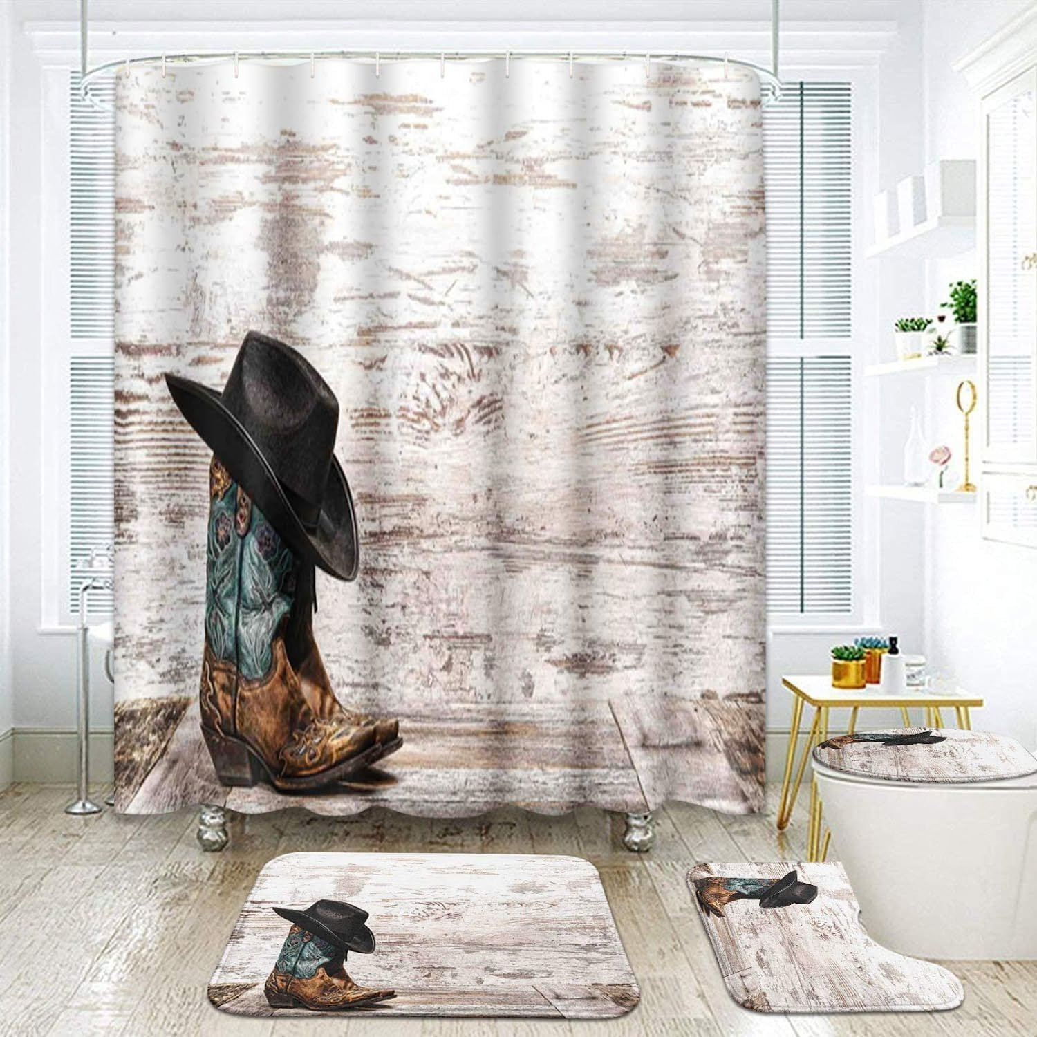 ZHANZZK Cowboy Boots Barn Farm Rustic Wooden 4 Piece Bathroom Set ...