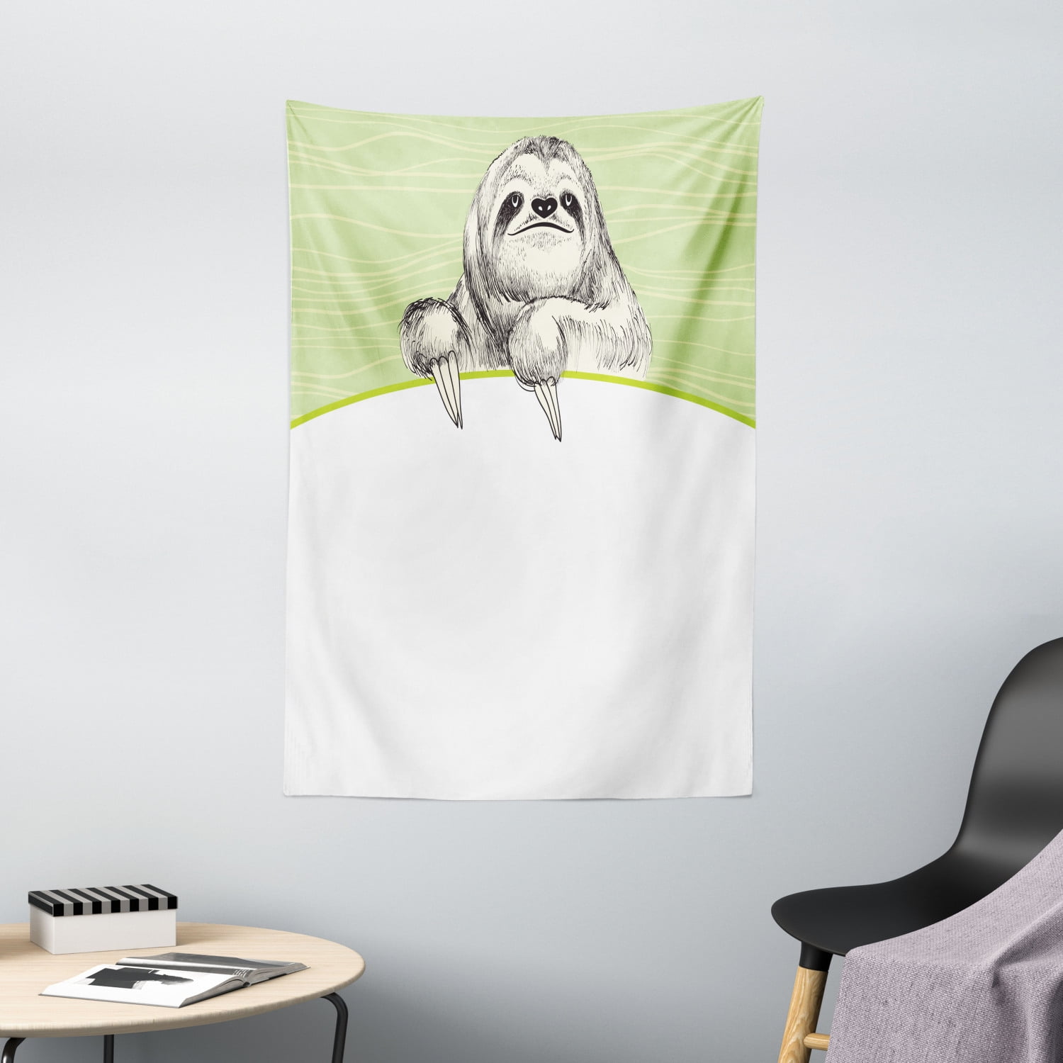 Sloth Tapestry, Hand Drawn Sluggish Animal Sloth on Green Abstract ...