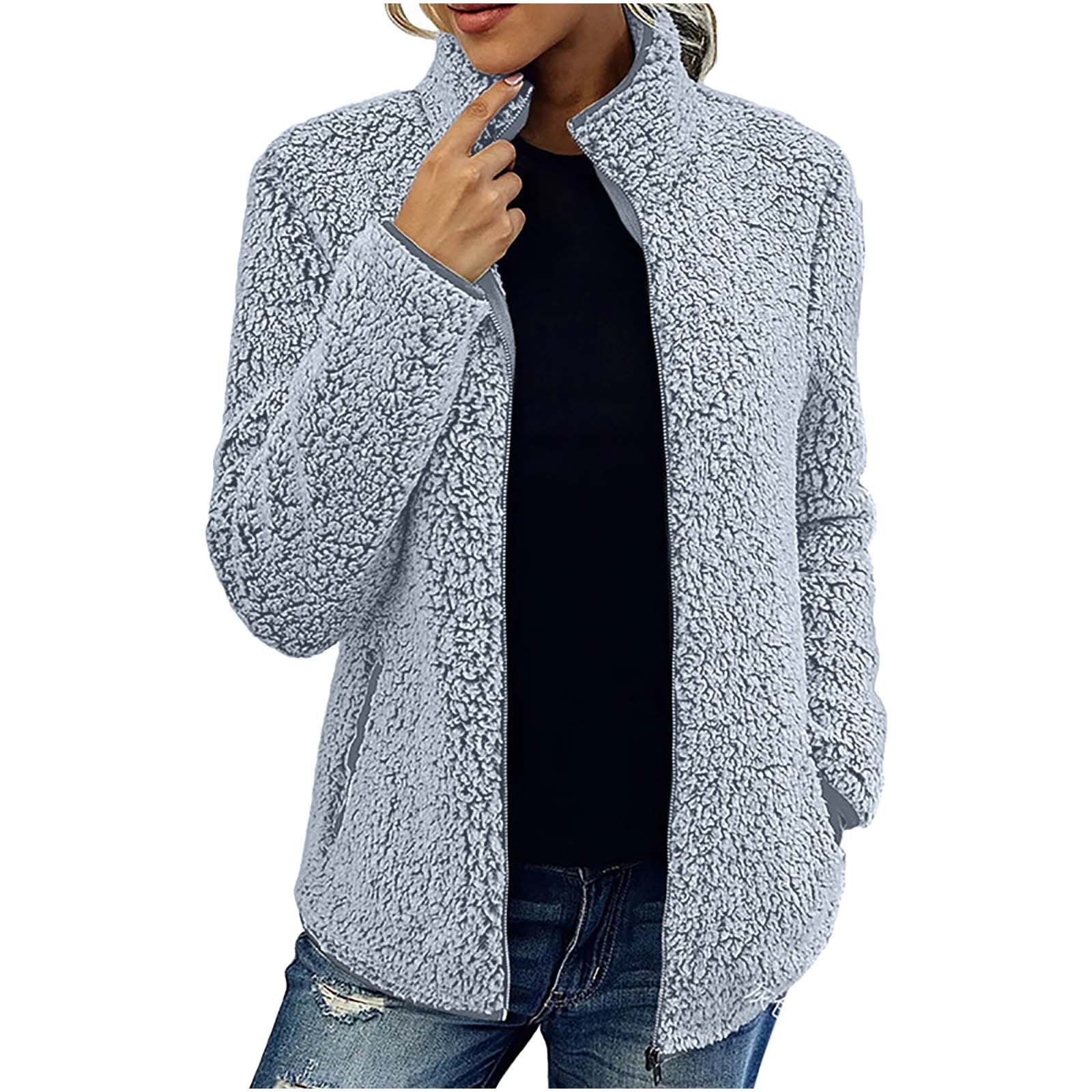 XFLWAM Women's Fleece Sherpa Coat Winter Stand Neck Cozy Fluffy Plush ...