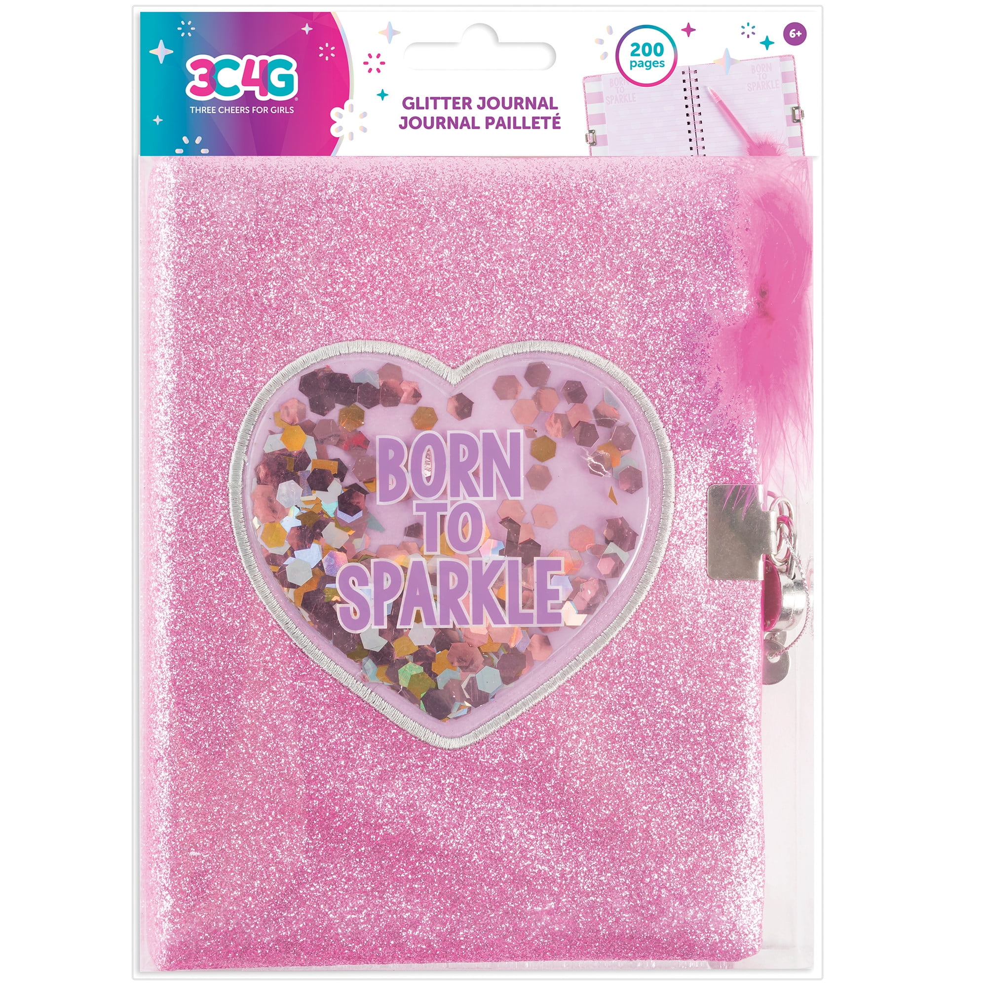 Three Cheers for Girls: Born to Sparkle Glitter Pink Locking Journal W ...